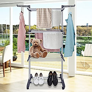 Bigzzia Clothes Drying Rack Folding Clothes Rail 3 Tier Clothes Horses Rack Stainless Steel Laundry Garment Dryer Stand with Two Side Wings Grey