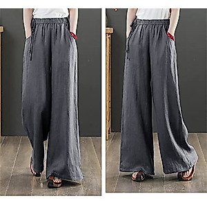 Les umes Women's Casual Wide Leg Long Pants High Waist Drawsting Loose Palazzo Pants Cotton Linen Beach Trousers Grey XL