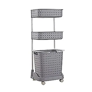 Laundry Hamper with Wheels and Removable Basket Bathroom Storage Organizer,Rolling Storage Rack,3-Tier Mobile Storage Cart For Bathroom and Laundry or Narrow Places,Gray