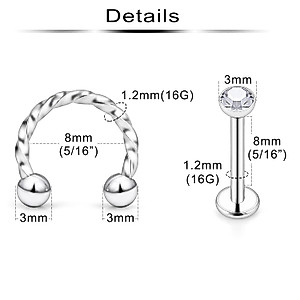 Dyknasz 40Pcs Surgical Steel Lip Rings Clear Diamond CZ Labret Studs Tragus Horseshoe Ring Helix Hoop Earring Body Jewelry Piercing Retainer for Women Men 16 Gauge 8mm Silver-tone