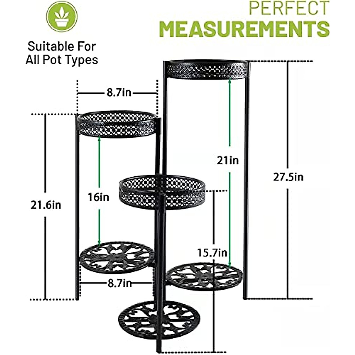 Plant Stand 6 Tier Indoor Outdoor Multiple Flower Pot Display Holder - Metal Wrought Iron Planter Organizer Shelf Corner Potted Storage Rack for Garden Patio Lawn Balcony Black