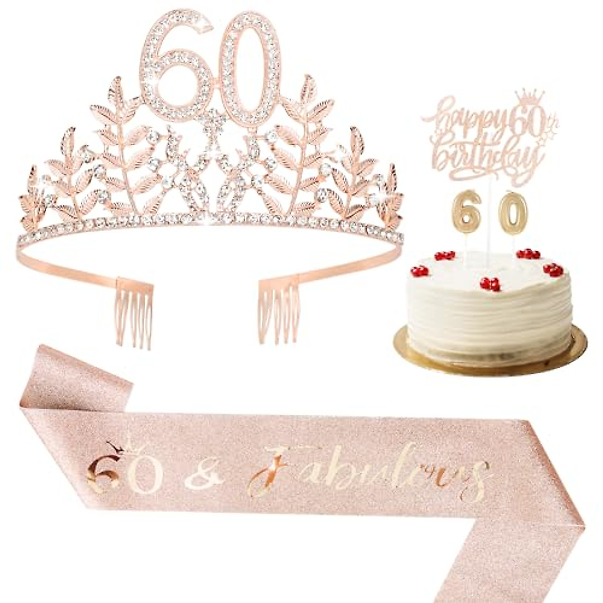 CURASA 60th Birthday Decorations Decor for Women Rose Gold 60 Birthday Sash and Crown Rhinestones Tiara 60 & Fabulous Sash 60th Birthday Cake Topper 60th Birthday Candles 60th Birthday Gifts for Women