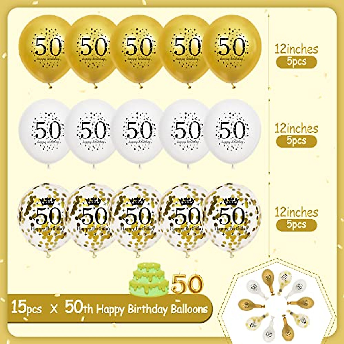 50th Latex Birthday Balloons, 15Pcs White Gold Happy 50th Birthday Balloons, White Gold 50th Birthday Party Decorations Balloons for Men Women 50th Birthday, Anniversary Decor