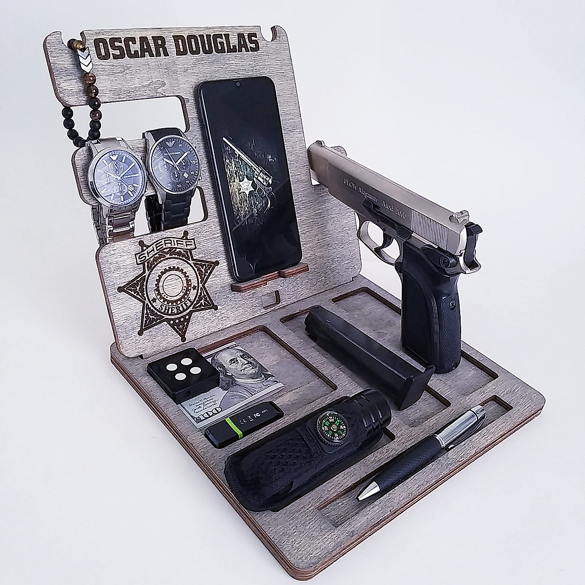 Wooden Docking Station, Police officer Docking Station, Wood Stand for gun, Law enforcement Gift for men, Nightstand with gun holder