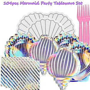 104 Pieces Mermaid Party Tableware Supplies Kit,32 Mermaid Clam Shell Plates,40 Holographic Napkins,32 Pink Forks,Disposable Mermaid Paper Plates Napkins Forks for Birthday Wedding Party (104)