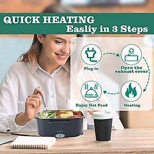 Buddew Electric Lunch Box 80W Food Heater 3 in 1 12/24/110-230V Portable Lunch Warmer Upgraded Leakproof Heated Lunch Box for Car/Truck/Office with SS fork & Spoon and Insulated Carry Bag(Green)