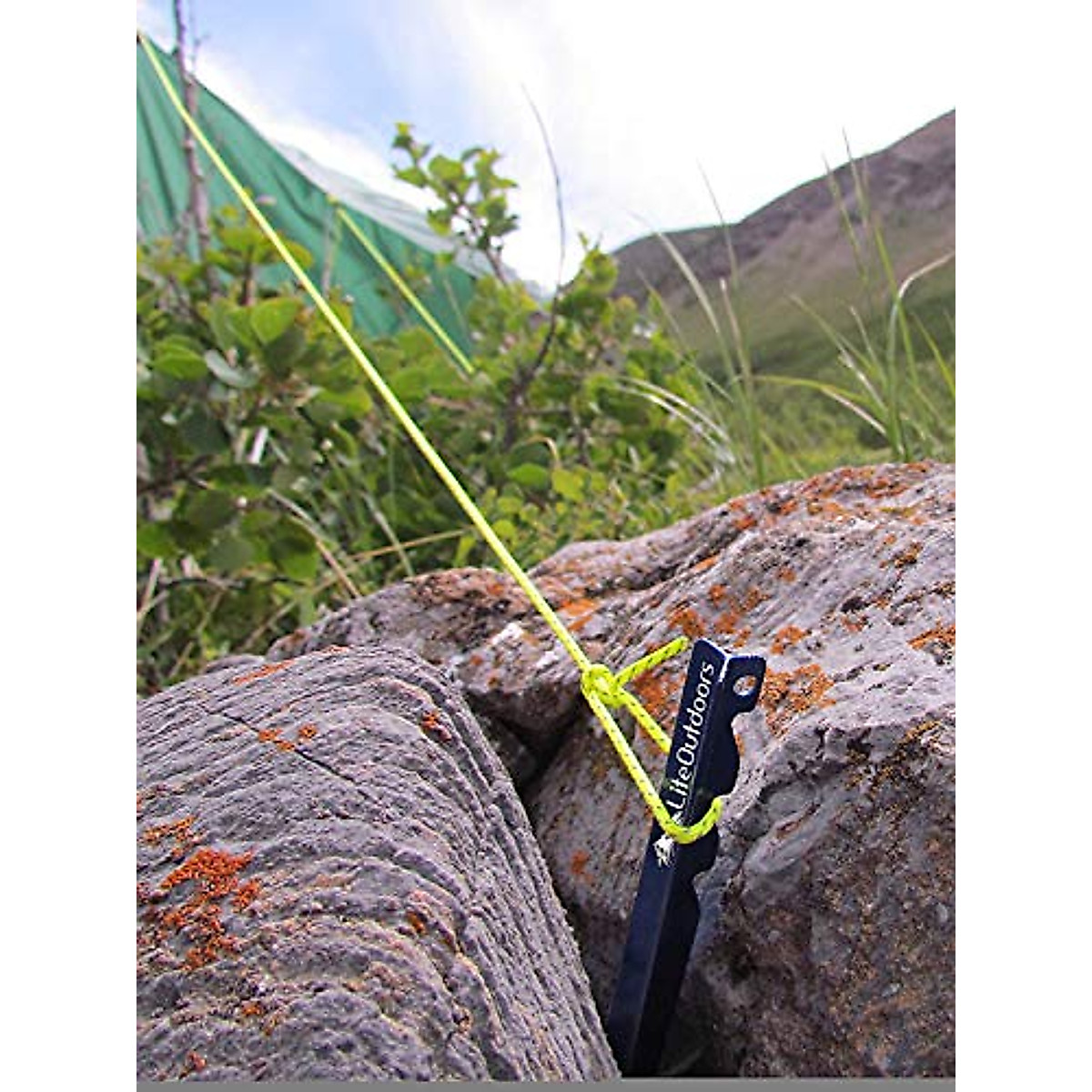 LITEOUTDOORS Ultralight Tent Stake Kit - 8 Aluminum Tent Pegs, 60' Reflective Guy Line, 8 Cord Tensioners - for Backpacking, Hiking, Camping