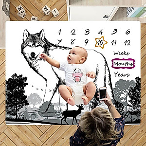 OHTMTHO Baby Monthly Milestone Blanket, Baby Blankets for Boys | Girls, Newborn Photo Background Blanket with Milestone Marker, Wolf & Deer, 40"x50"