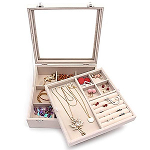 KLOUD City Jewelry Box with Glass Lid Two-Layer Jewelry Box Organizer Display Storage case (Beige)