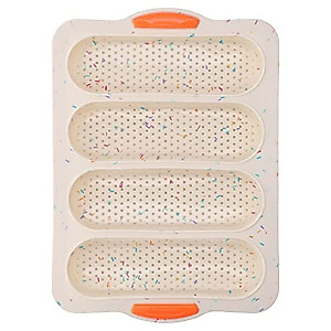 Headerbs French Bread Pan, Baguette 4 Grooves Silicone Soft Smooth Surface Bread Mould Baking Pan Kitchen Tool(13.15x9.25x0.98in)(Beige color bar)