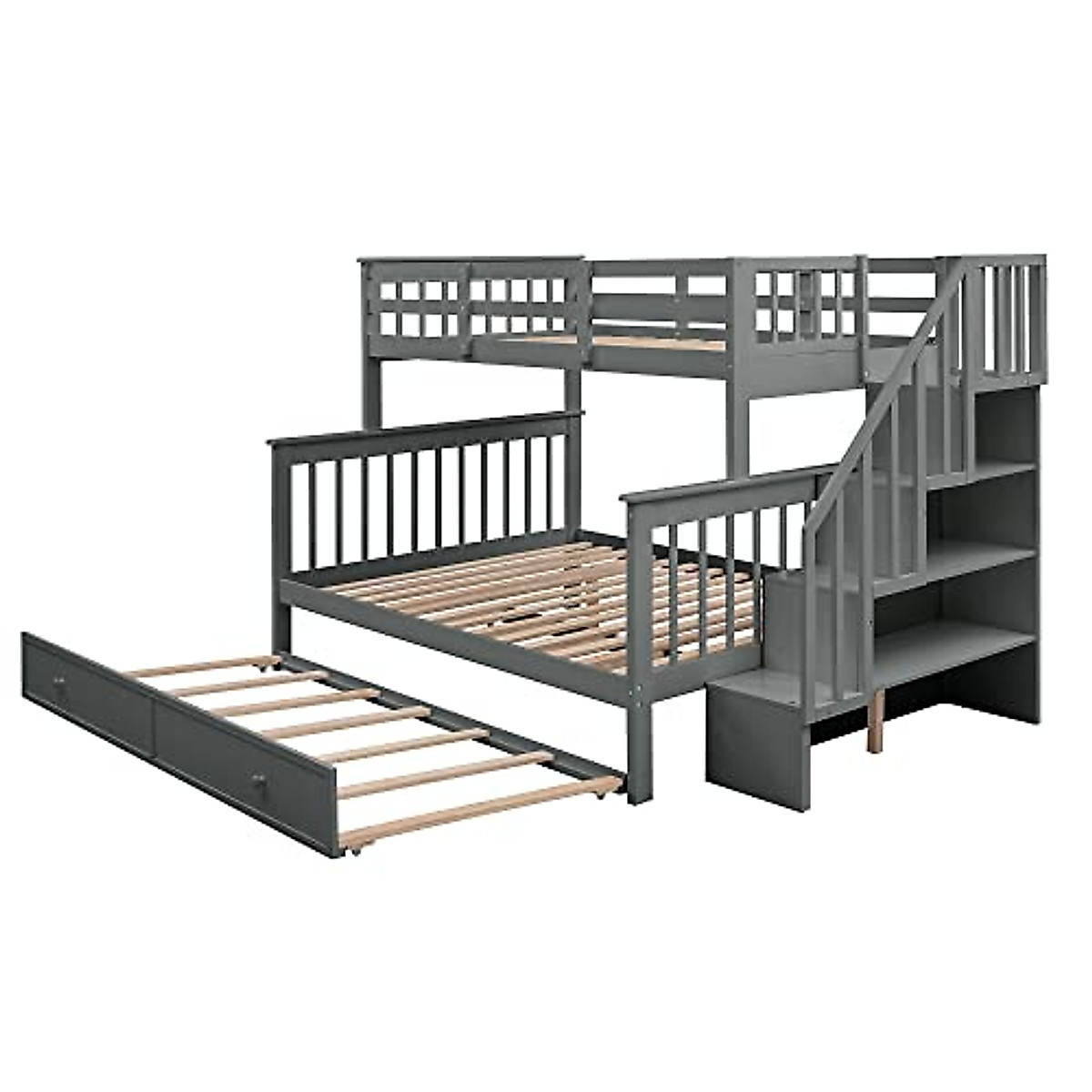 FIQHOME Stairway Twin-Over-Full Bunk Bed with Twin Size Trundle,Bunk Bed Frame Convertible into 2 Beds Storage and Guard Rail for Bedroom, Dorm, for Adults,Gray