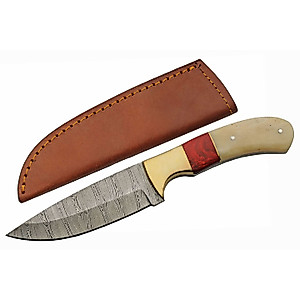 SZCO Supplies 9" Bone/Red Wood Handle Damascus Steel Outdoor Hunting Knife With Sheath