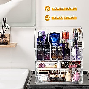 Haturi Makeup Organizer, Large Acrylic Skincare Organizer W/Lid, Dustproof Waterproof Cosmetic Display Case with Drawers for Vanity Bathroom Countertop, Makeup Storage Box for Perfume - Clear