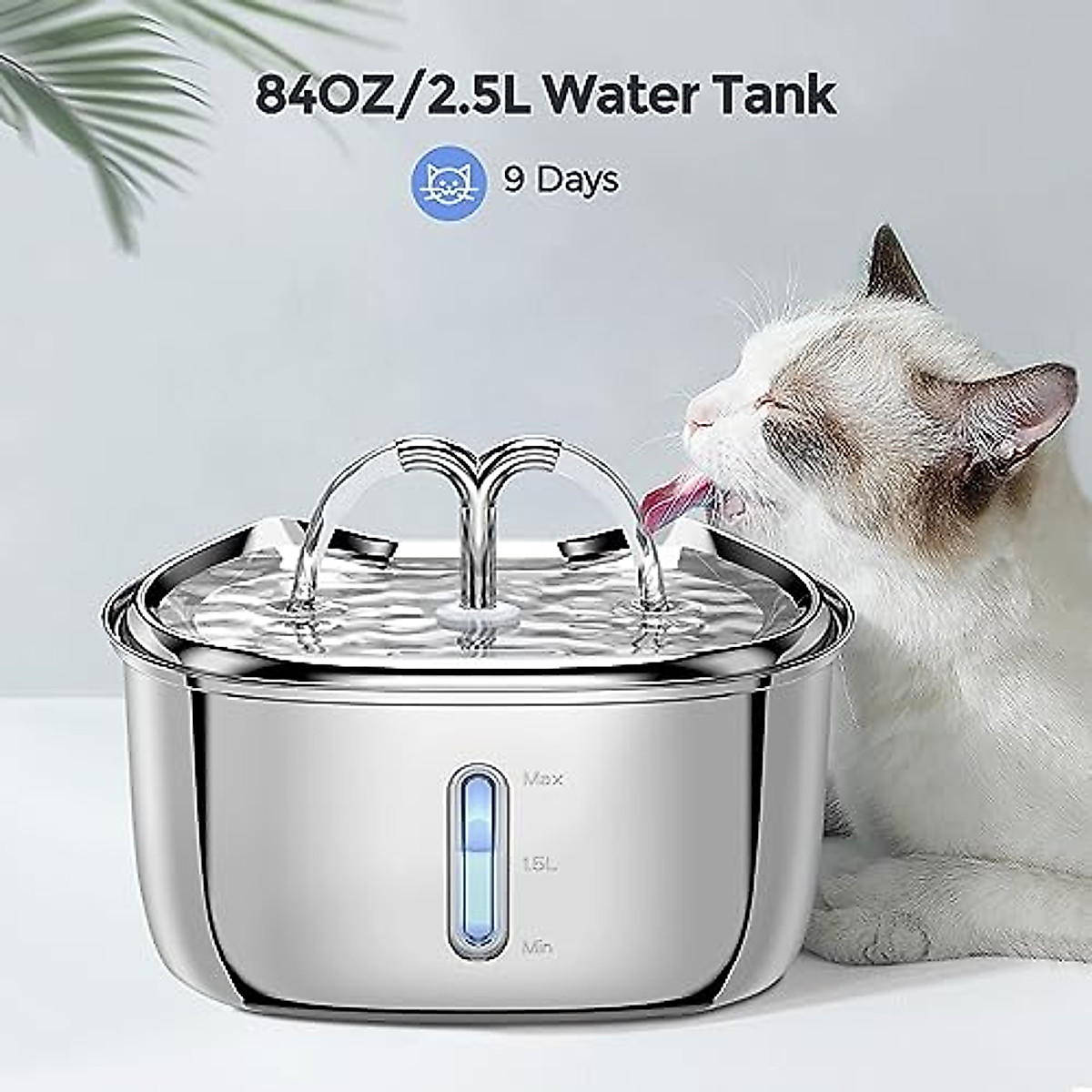 Cat Water Fountain with Water Level Window and LED Light, Automatic Pet Water Fountain Cat Dog Water Dispenser, 2.5L/84Oz Water Fountain Stainless Steel with 3 Replacement Filters for Multiple Pets