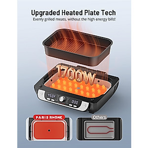 Indoor Grill and Air Fryer Combo, Paris Rhône Electric Indoor Grill Smokeless, 12-in-1 for Grill, Griddle, Slow Cook, Broil, Bake, Crisp, Roast, Dehydrate, Dual Heating Elements, Easy Knob Control