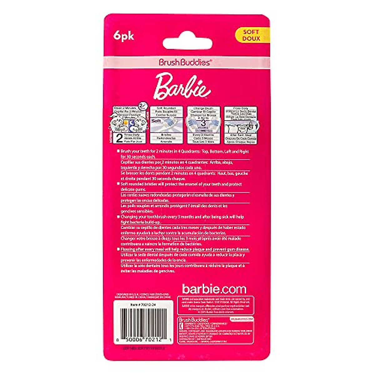 Brush Buddies 6 Pack Barbie Toothbrushes for Kids, Children's Toothbrushes, Soft Bristle Toothbrushes for Kids