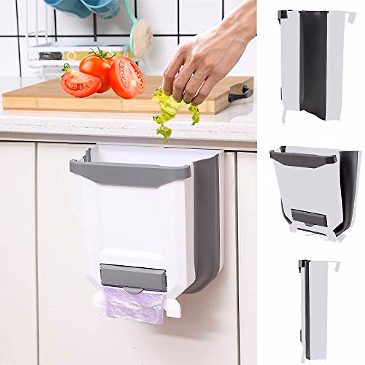 YCOCO Hanging Kitchen Trash Can,2.4 Gallon Collapsible Waste Bin,Small Plastic Folding Hang Garbage Can for Cabinet Car Bedroom Bathroom Kitchen Office,White