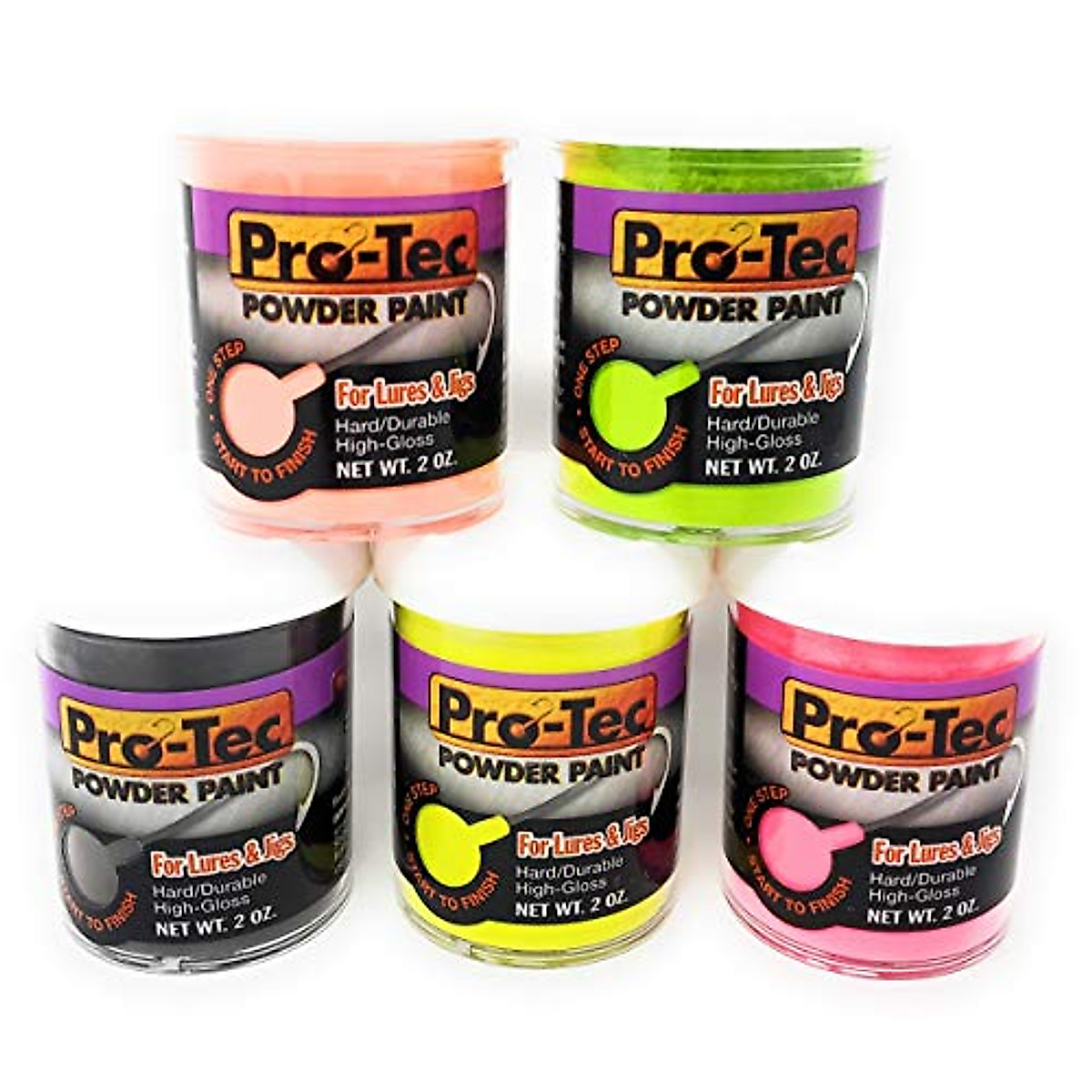 Welch Products 5 x 2oz Pro-Tec Jigs and Lures Powder Paints, Jig Head Fishing Paint, Fishing Lure Paint - High Gloss Powder Coating Paint - Hot Pink, Green & Yellow Chartreuse, Black, Blaze Orange