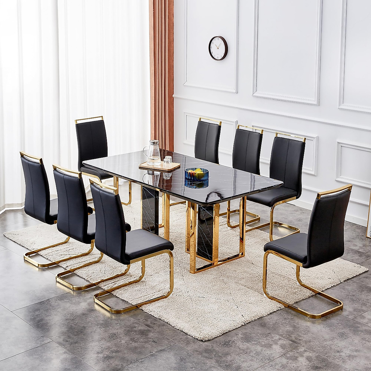 71" Large Marble Dining Table Set for 6, Modern Rectangular Dining Room Table with 6 Black Leather Chairs, 1.57" Printed Marble Tabletop and MDF Metal Leg,for Kitchen Dining Living Meeting Room