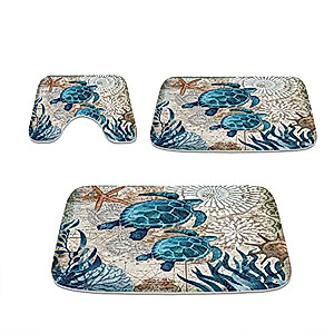 Final Friday Nautical Sea Turtles Blue Ocean Beach Bathroom Rugs and Mats Sets 3 Piece, Memory Foam Bath Mat, U-Shaped Contour Shower Mat Non Slip Absorbent, Velvet Washable 20 x 31 inch