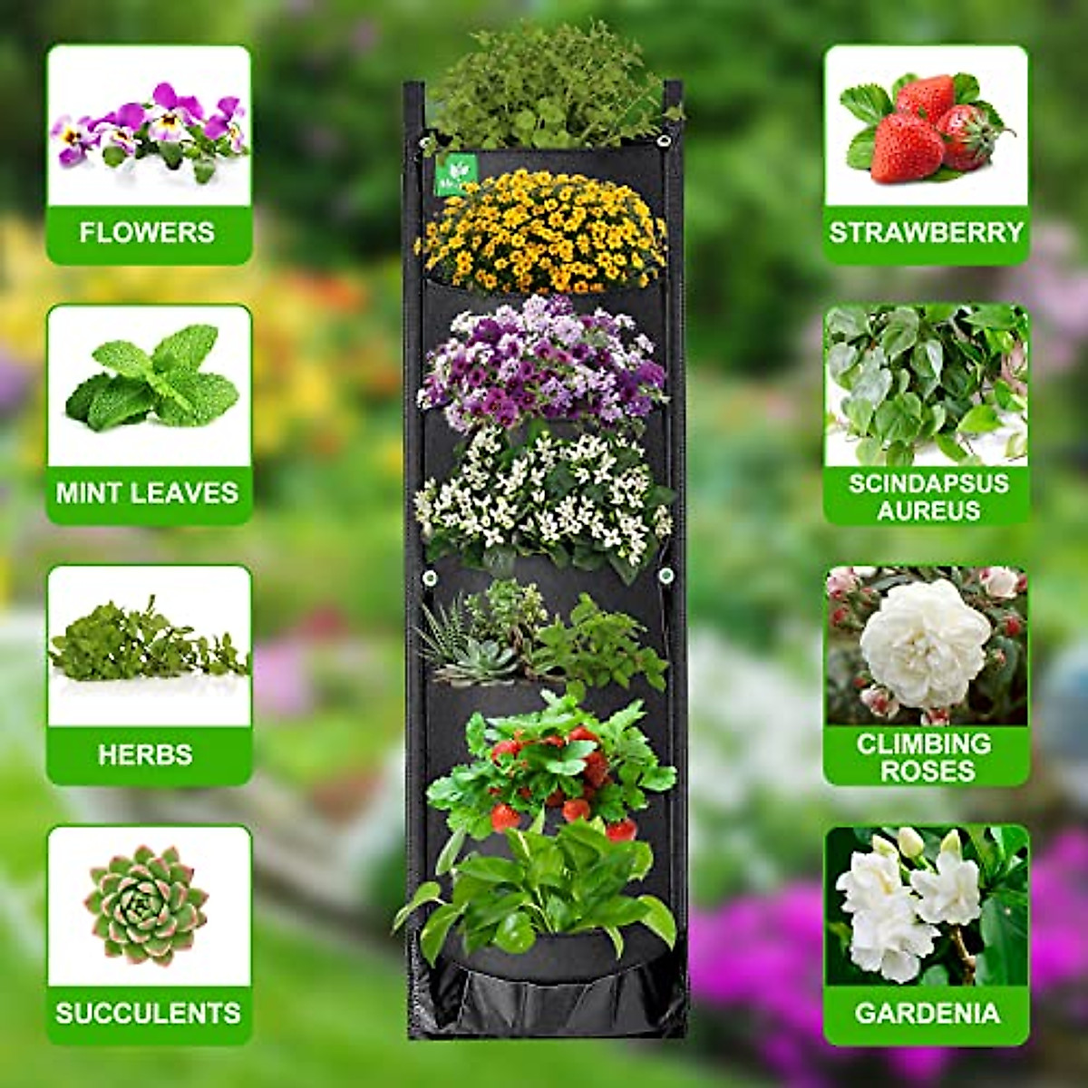 MEIWO 2 Pack Hanging Planters New Upgraded 7 Pockets Large Vertical Garden Wall Planter Grow Bags for Indoor Outdoor Macrame Plant Hanger Hanging Garden Rail Planters Yard Balcony Home Decor