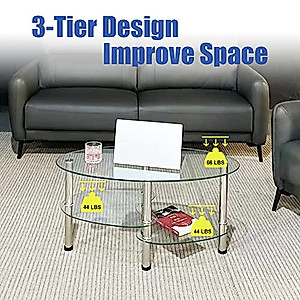 Oval-Shaped Glass Tea Table for Office, 3-Tier Modern Coffee Table, End Table for Living Room (Clear)