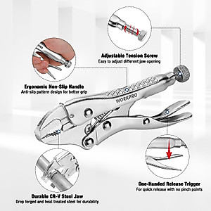 WORKPRO Locking Pliers, 4-inch Curved Jaw Vice Grips pliers, Chromium-Vanadium Steel Locking Pliers with Wire Cutter, Locking Adjustable Vise Grips for Clamping Twisting Welding