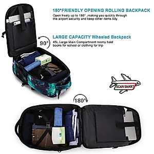 LIGSAN Rolling Backpack for School, 17inch Wheeled Laptop Backpack for Girls Boys Student Water Resistant Large Roller Bookbag with Wheels Durable Travel Hiking Carry on Luggage Bag, Galaxy Green