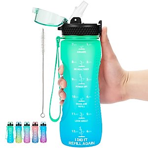 AIDEAMART 24 OZ Motivational Kids Water Bottle With Time Marker,Straw Lid,Leak Proof, Tritan BPA Free Sports Water Bottle Green-Blue(1 Lid)