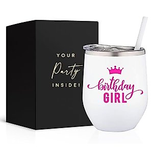 Your Dream Party Shop Powder Coated Stainless Steel 12oz Stemless Wine Glass with Straw and Lid with Print (Birthday Girl)
