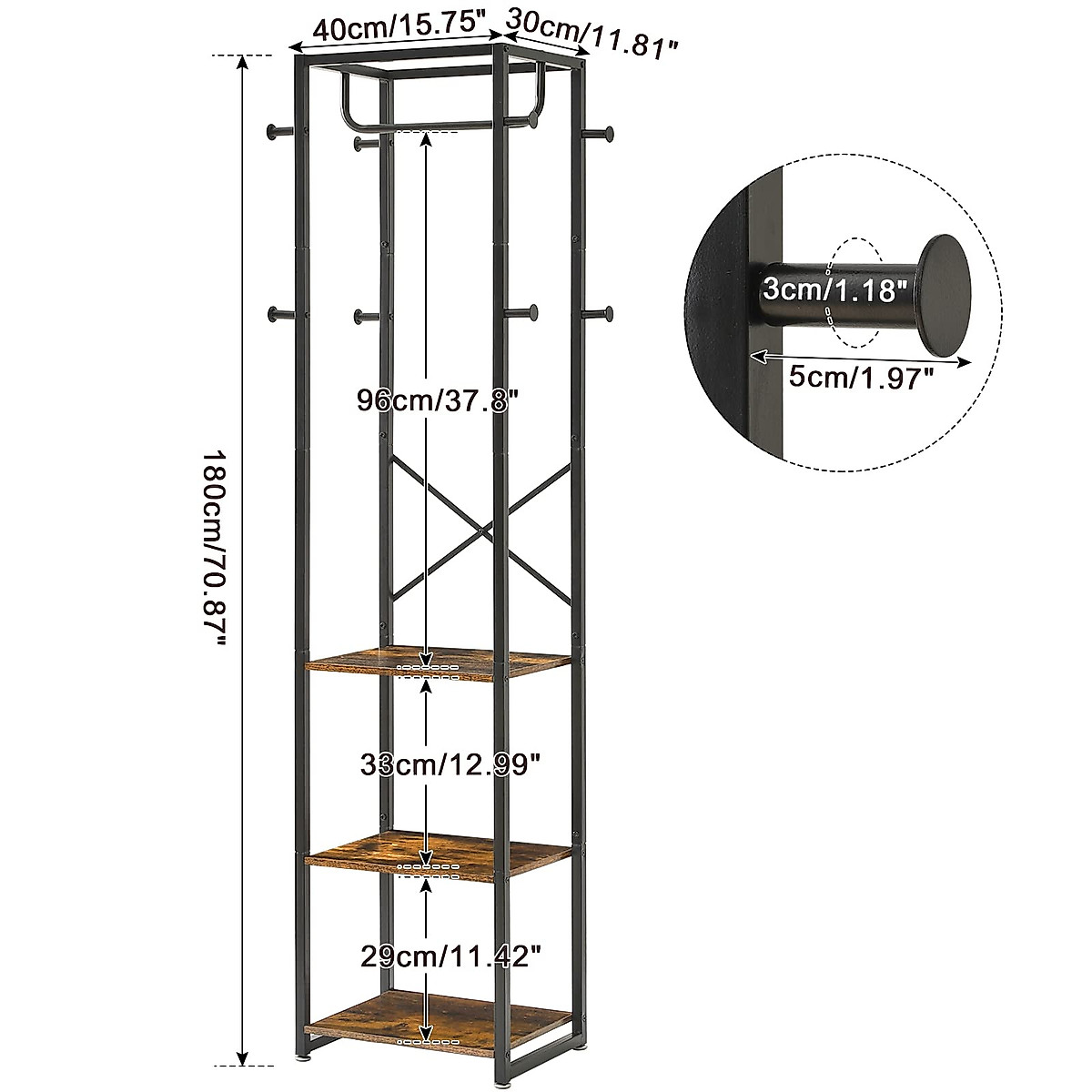 IBUYKE Coat Rack with Shelves, Freestanding Hall Tree with 3 Shelves and 8 Hooks, Industrial Clothes Stand for Entryway, Hallway, Bedroom, Rustic Brown UTMJ088H