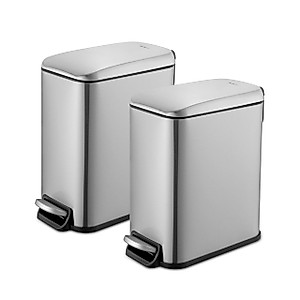 QUALIAZERO 5L / 1.3 Gallon Stainless Steel Step-On Bathroom Trash Can, Slim Shape, Pack of 2, Starter Set (Stainless Steel)