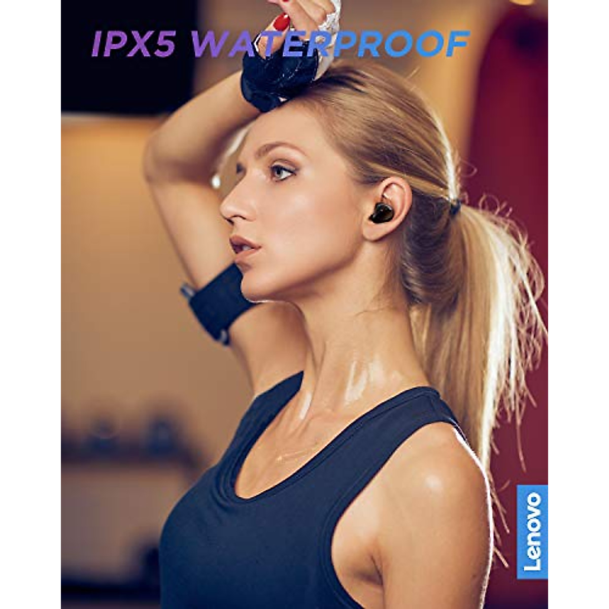 Lenovo True Wireless Earbuds Bluetooth 5.0 IPX5 Waterproof with USB-C Quick Charge and Built-in Microphone for Work/Travel/Gym (Black)