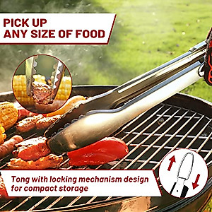 MAGIC FLAME 18'' BBQ Grill Accessories, Heavy Duty 5 Pcs Grilling Tools, Extra Thick Stainless Steel Grill Utensils Set Gift with Spatula Fork Cleaning Brush Tong BBQ Set for Outdoor Camping Grilling