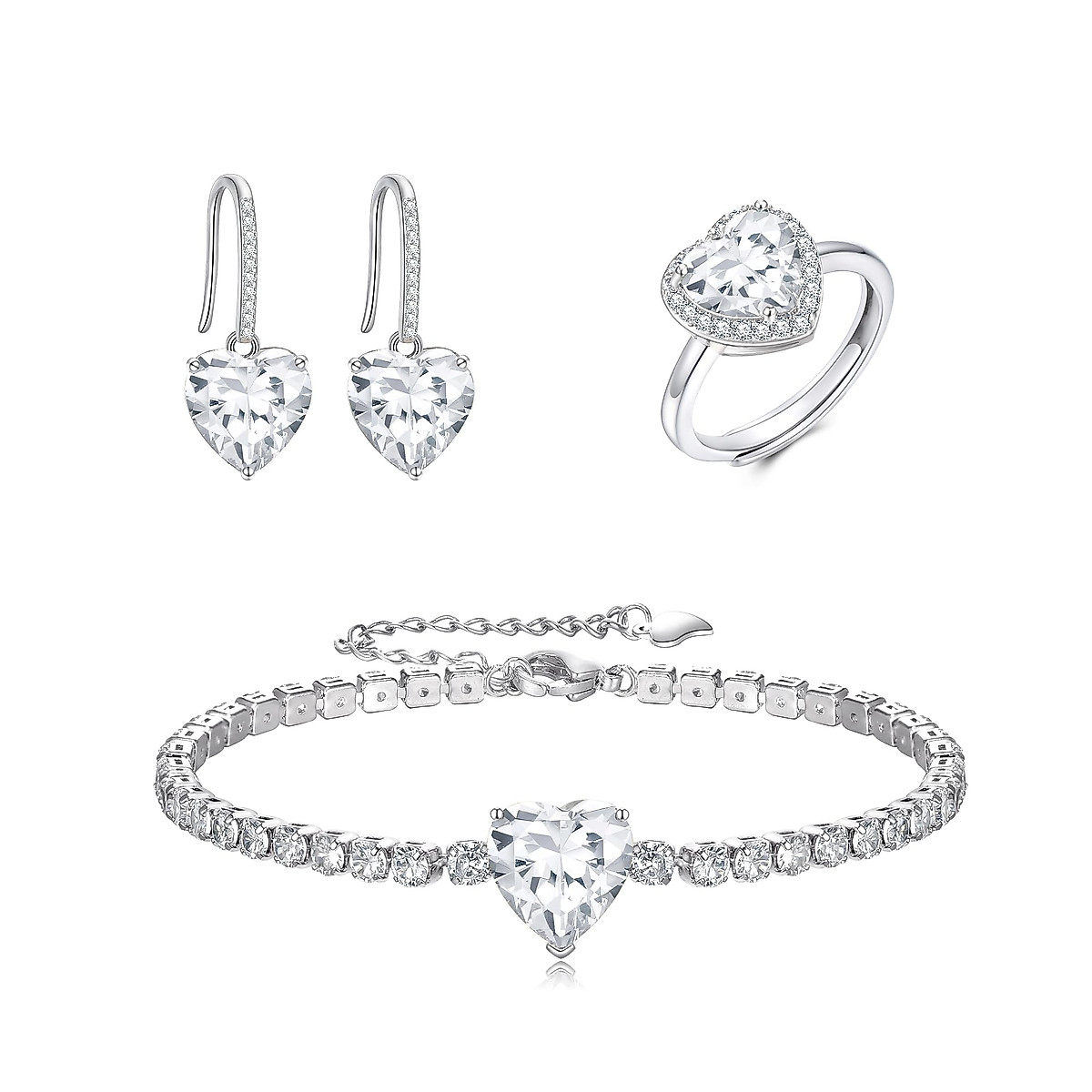 Crysdue Silver Heart Jewelry Set, Cubic Zirconia Dangle Earrings Open Ring Tennis Bracelet Birthday Anniversary Mothers Day Christmas Jewellery Gift for Women/Mom/Wife/Friend