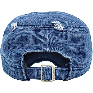 Funky Junque Military Style Cadet Hat Army Vintage Distressed Adjustable Cap - Distressed Denim