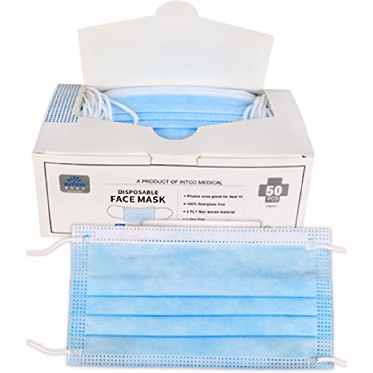 Intco Medical Procedure Face Mask with Earloops, Blue, Box of 50