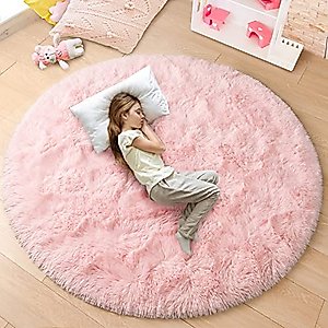 junovo Pink Round Rug 4x4 Feet Fluffy Soft Area Rugs for Kids Girls Room Princess Castle Plush Shaggy Carpet Cute Circle Nursery Rug for Kids Girls Bedroom Baby Room Home Decor Circular Carpet