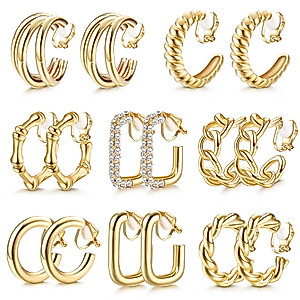 FASACCO Gold Clip On Hoop Earrings for Women Fashion Clip on Earrings Twist Round Geometric Chunky Hoop Clip Earrings No Piercing Fake Earrings, Gold
