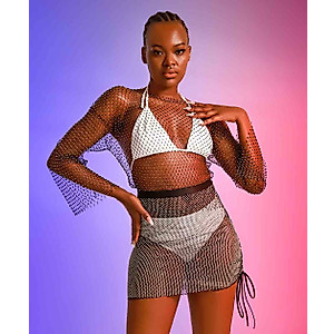 Fstrend Mesh Body Chains Crystal Long Sleeve Fishnet Crop Tops Rhinestone See Through Cover up Bikini for Women