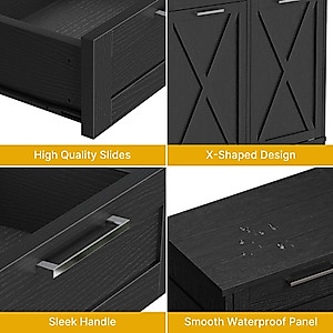 DWVO Double 10 Gallon Tilt Out Trash Bin Cabinet with 2 Drawers, Wooden Trash Can Trash Cabinet Kitchen Island with Garbage Bin Laundry Hamper for Kitchen, 39.4”W x 14”D x 36.8”H, Black