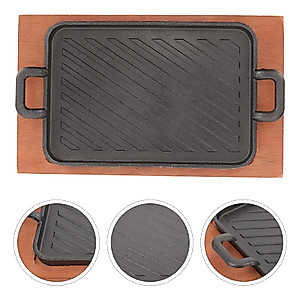 Yardwe Cast Iron Steak Plate, Sizzle Plate with Wooden Base, Steak Pan Grill Fajita Server Plate for Home Kitchen Restaurant (7.5" x 12.5")