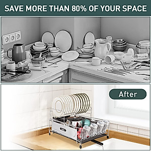 Hasfu Large Dish Drying Rack with Drainboard Set, 2 Tier Stainless Steel Dish Racks for Kitchen Counter, with Drainboard, Utensil Holder, Glass Holder,Silicone Anti-Skid Support (Black)