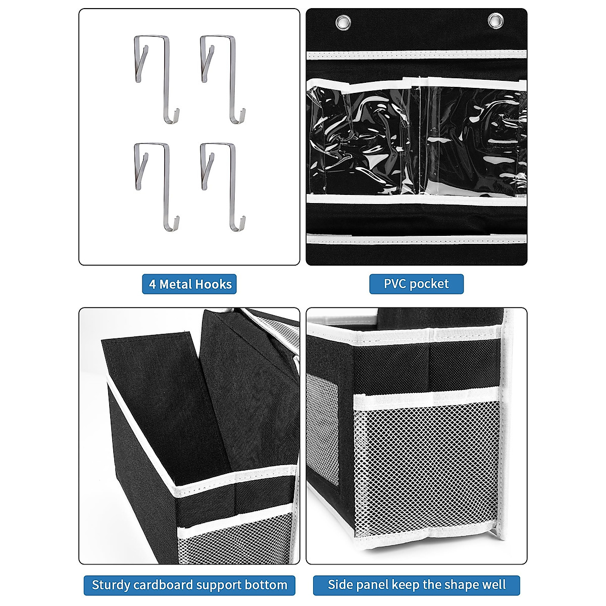 JARLINK 2 Pack Over The Door Hanging Organizer with 4 Large Pockets, Back of Door Storage for Baby Nursery Bathroom Bedroom Kitchen Dorm Closet Pantry Camper RV (Black)