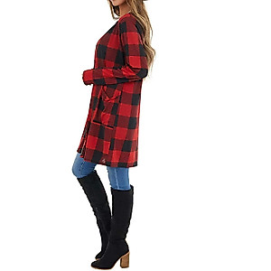 Dressmine Women's Long Sleeve Open Front Cardigan Buffalo Plaid Knitted Maxi Sweater Coat Outwear Red X_Large