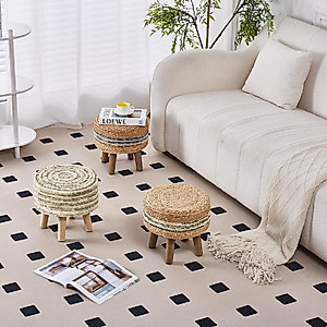 Cpintltr Round Ottoman Natural Seagrass Footstool Poufs Hand Weave Eco Friendly Sofa Foot Stool Soft Step Stool Boho Accent Padded Foot Rest with Pine Legs for Living Room Bedroom Mixed Green