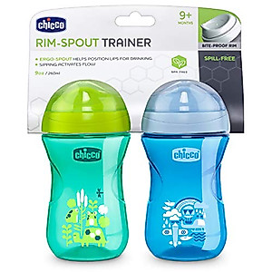 Chicco Rim Spout Trainer Spill Free Bite Poof Rim Baby Sippy Cup 9oz, Blue/Teal, 9m+ (2pk)