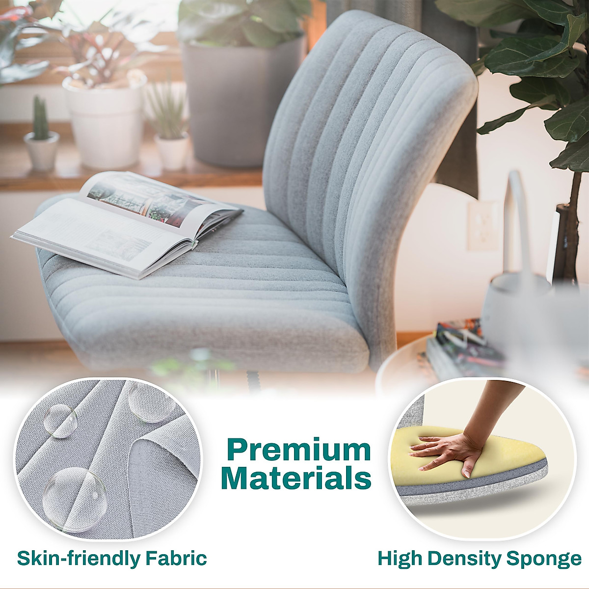 NYPOT Criss Cross Chair - Wide Armless Desk Chair No Wheels, Cross Legged Office Chair, Adjustable Modern 360 Swivel Vanity, Fabric Padded,120° Rocking Ergonomic Mid Back Computer Task Chair - Grey