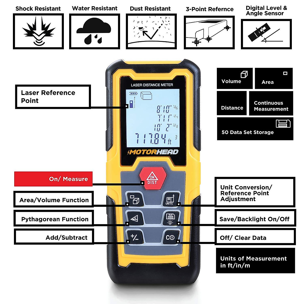 MOTORHEAD 196Ft/60M Laser Measure, Laser Distance Measure w/Digital Level & Angle Sensor, M/in/Ft, 50 Data Set Storage, 3 Measurement Points, Backlit LCD, Pythagorean, Area & Volume Functions
