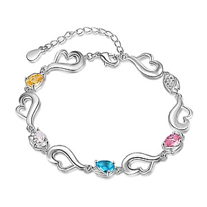 Jeweidea Personalized Infinity Love Heart Link Bracelet with Pear Simulated Birthstone Custom Engraved Name Silver Bracelet for Women Girls (4 Stones + 4 Names)